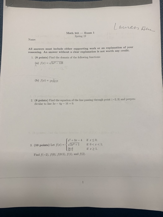 Solved Math 241-Exam 1 Spring 19 Name: All answers must | Chegg.com