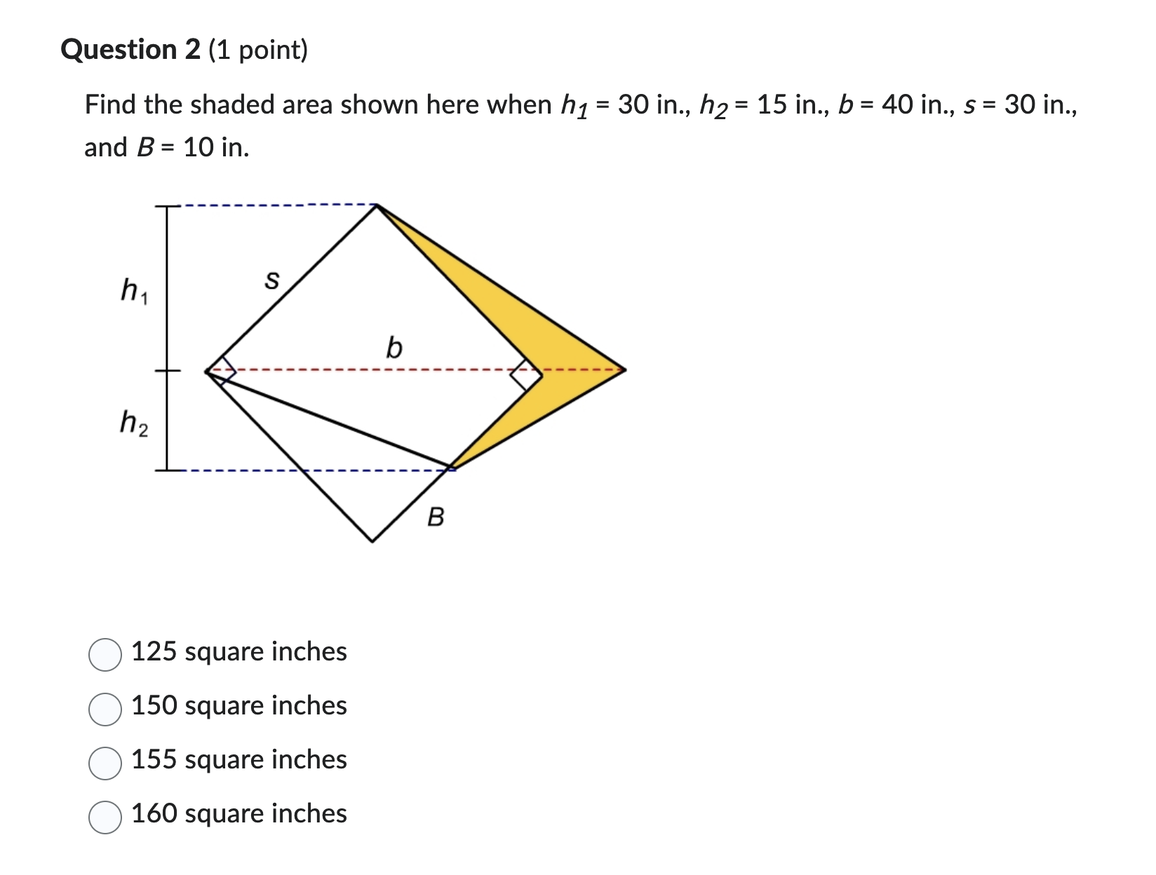 Solved Find the shaded area shown here when h1=30 in., h2=15 | Chegg.com