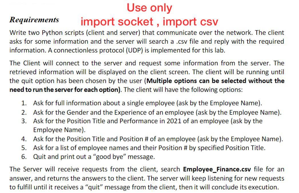 Solved Use only Requirements import socket , import csv | Chegg.com