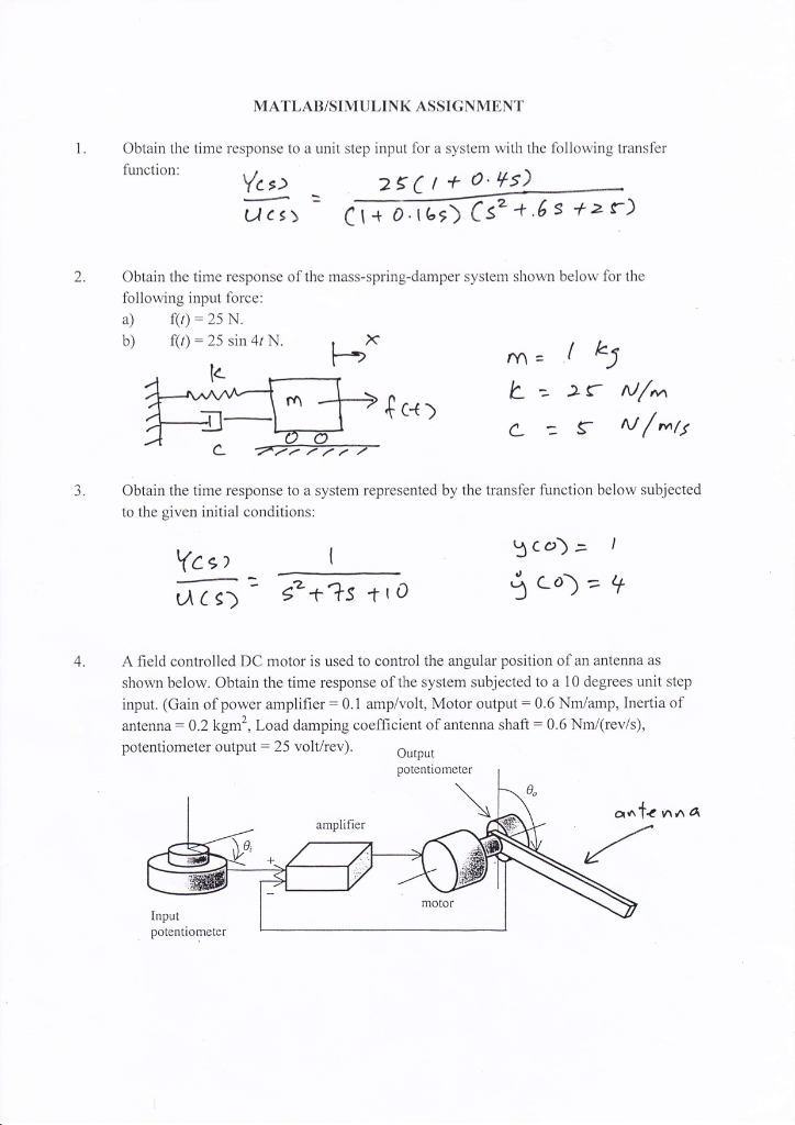 MATLAB/SIMULINK ASSIGNMENT Obtain the time response | Chegg.com