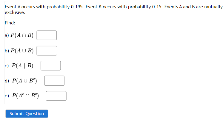 Solved Event A occurs with probability 0.195. Event B occurs | Chegg.com