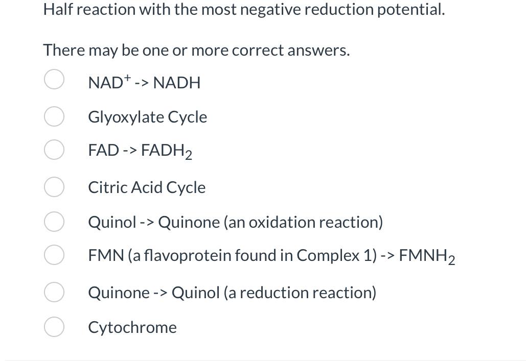 Solved Half reaction with the most negative reduction | Chegg.com