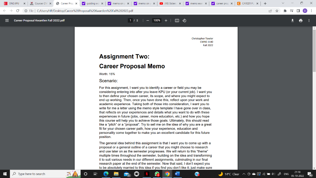 Assignment Two: Career Proposal Memo Worth: 15% | Chegg.com
