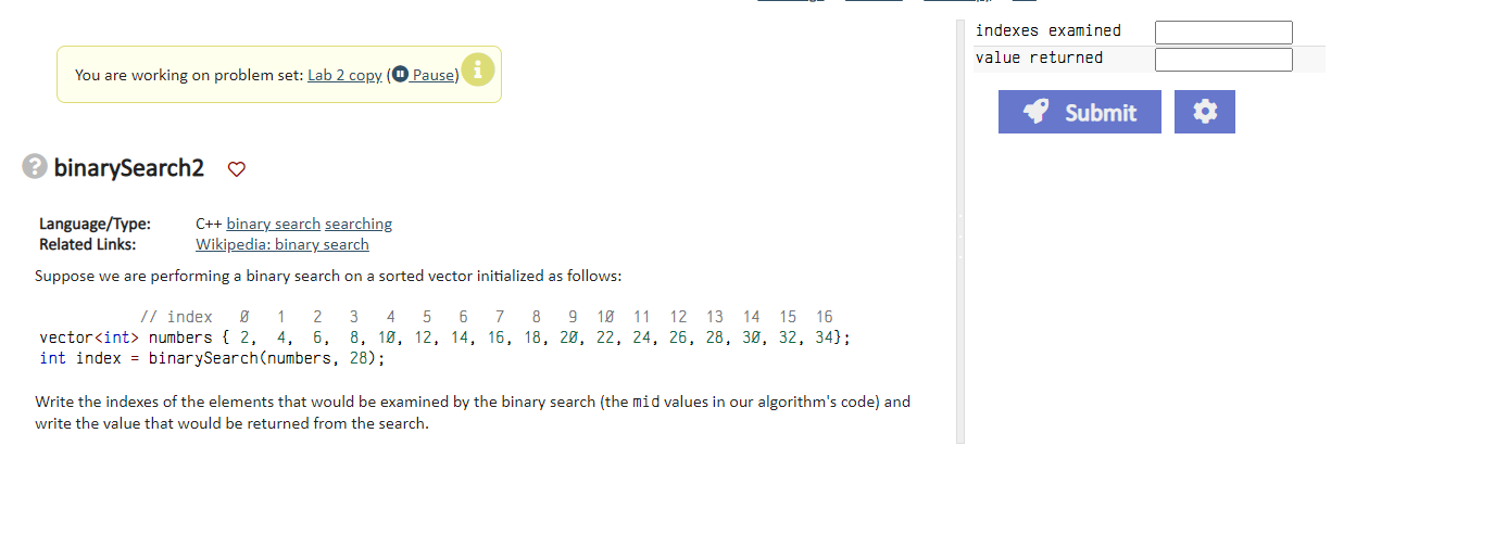 Solved Language/Type: C++ binary search searching Related | Chegg.com