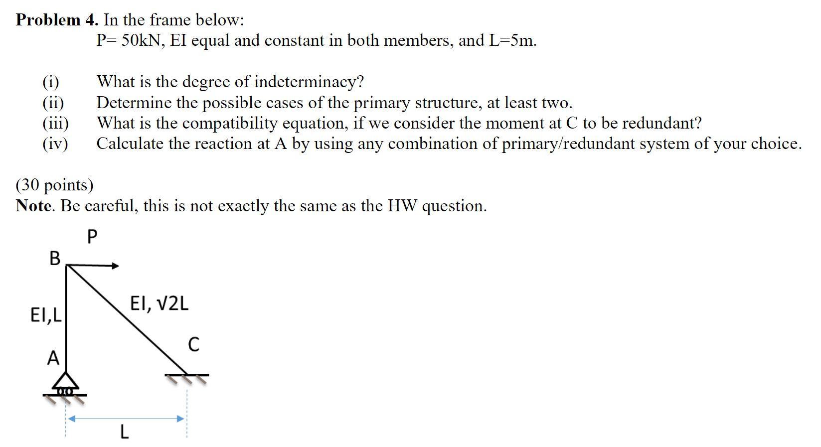 Solved Problem 4. In the frame below: P= 50kN, EI equal and | Chegg.com