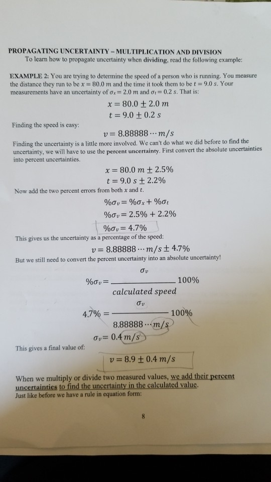 Solved PROPAGATING UNCERTAINTY - MULTIPLICATION AND DIVISION | Chegg.com