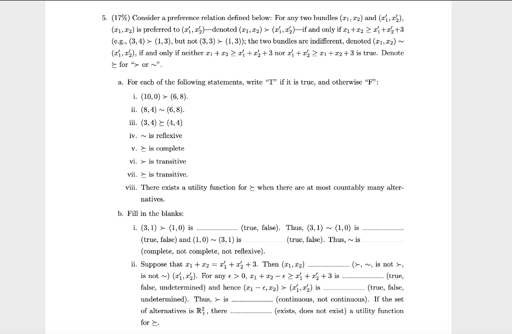 Solved 5. (17%) Consider a preference relation defined | Chegg.com