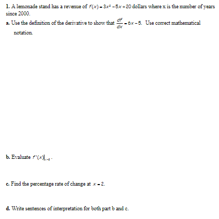Solved 1. A lemonade stand has a revenue of f(x) - 3x² | Chegg.com