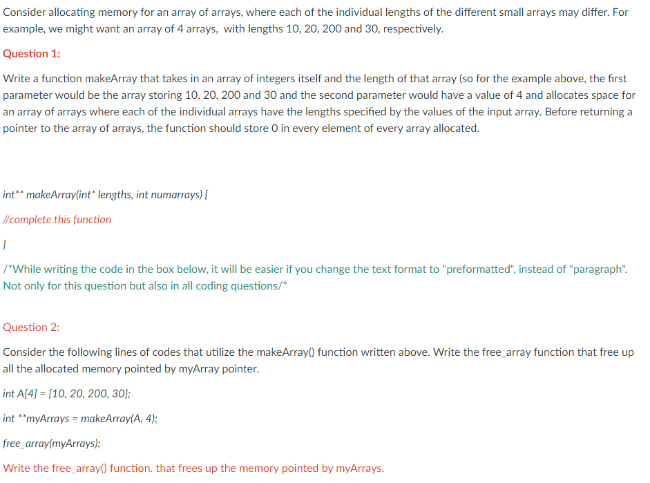 Solved Consider allocating memory for an array of arrays, | Chegg.com