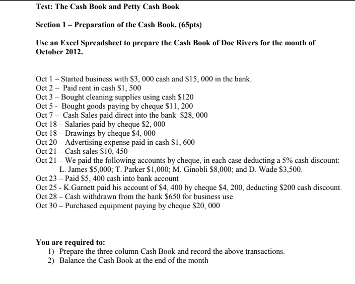 Solved Test: The Cash Book and Petty Cash Book Section 1 - | Chegg.com
