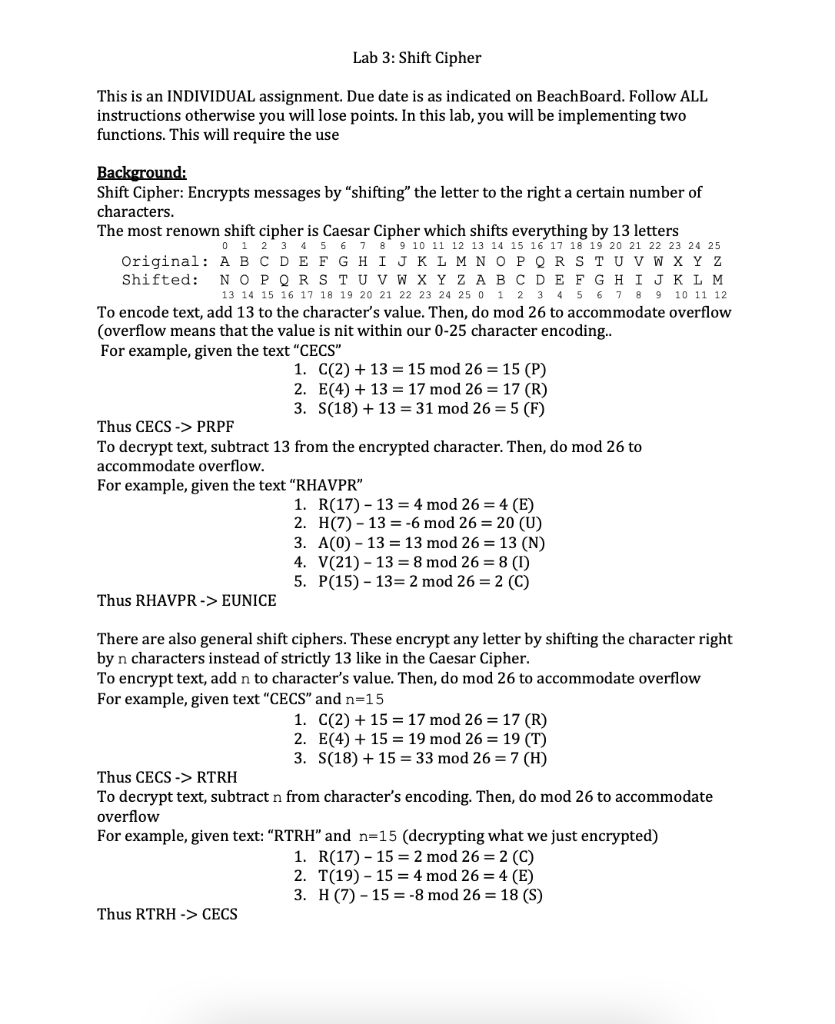 Solved Lab 3 Shift Cipher This Is An Individual Assignment 