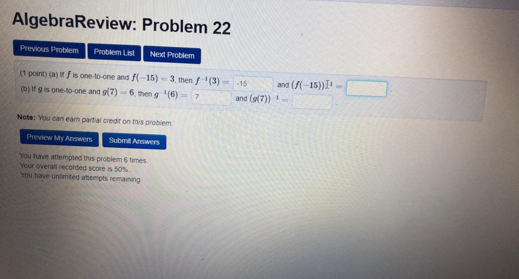 Solved AlgebraReview: Problem 22 Previous Problem Problem | Chegg.com