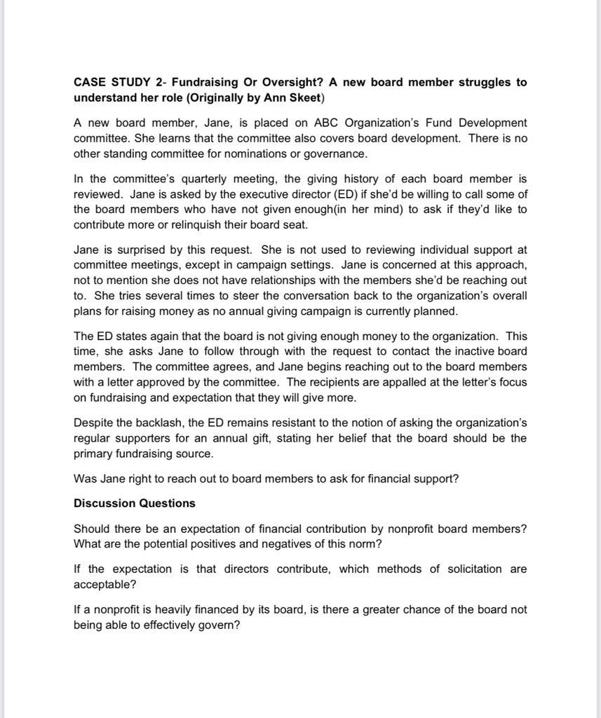 Solved CASE STUDY 2- Fundraising Or Oversight? A new board | Chegg.com