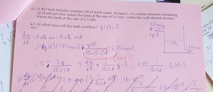 Solved 6.) A 40 1 tank initially contains 10l of fresh | Chegg.com