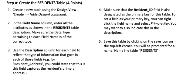 Solved Step A: Create the RESIDENTS Table (4 Points) 1. | Chegg.com