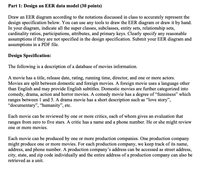 Solved Part 1: Design an EER data model (30 points) Draw an | Chegg.com