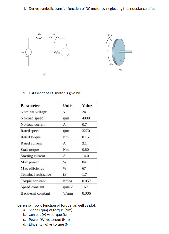 1. Derive symbolic transfer function of DC motor by | Chegg.com