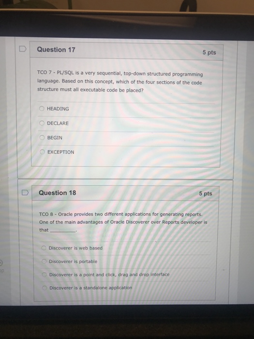 Solved D Question 17 5 pts TCO 7-PL/SQL is a very | Chegg.com