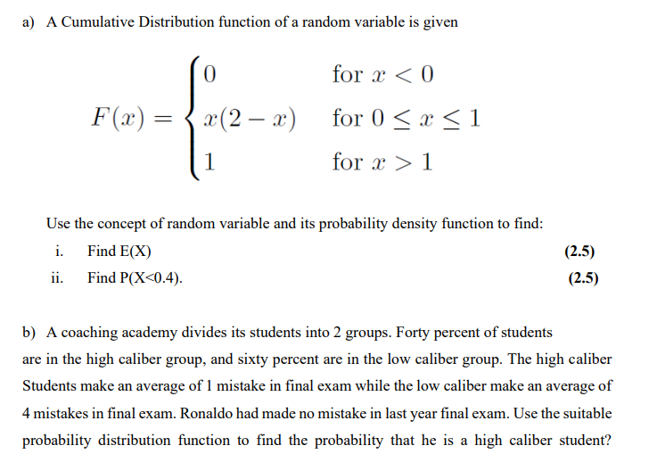 Solved a) A Cumulative Distribution function of a random | Chegg.com