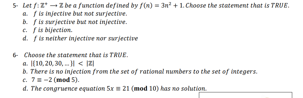 Solved 5- Let f:Z+→Z be a function defined by f(n)=3n2+1. | Chegg.com