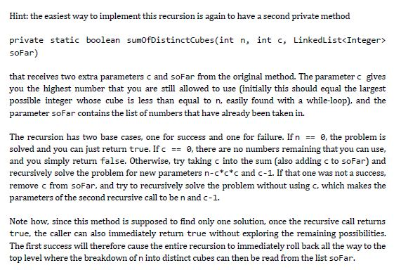 Solved public static List sumOfDistinctCubes (int n) | Chegg.com