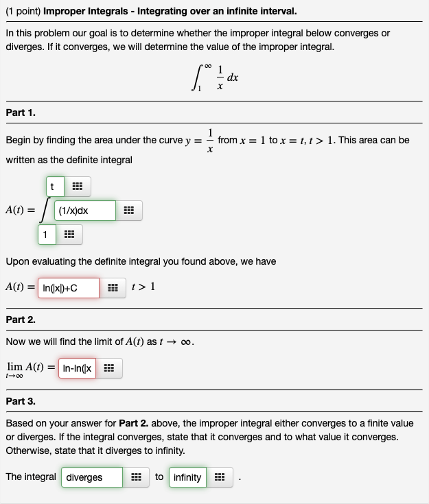 Solved (1 point) Improper Integrals - Integrating over an | Chegg.com