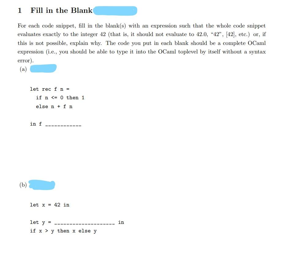 1 Fill in the Blank For each code snippet, fill in | Chegg.com