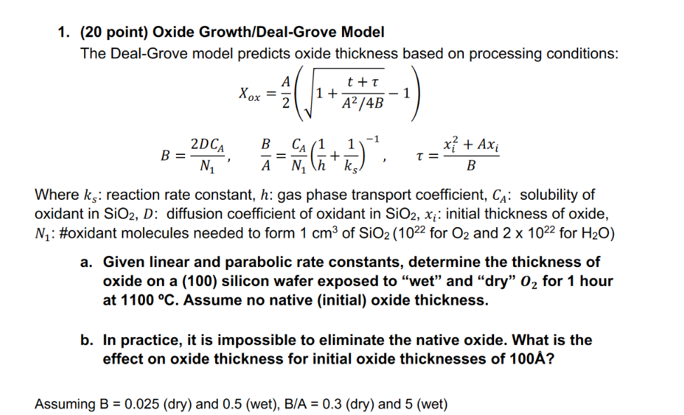 Solved 1. (20 point) Oxide Growth/Deal-Grove Model The | Chegg.com