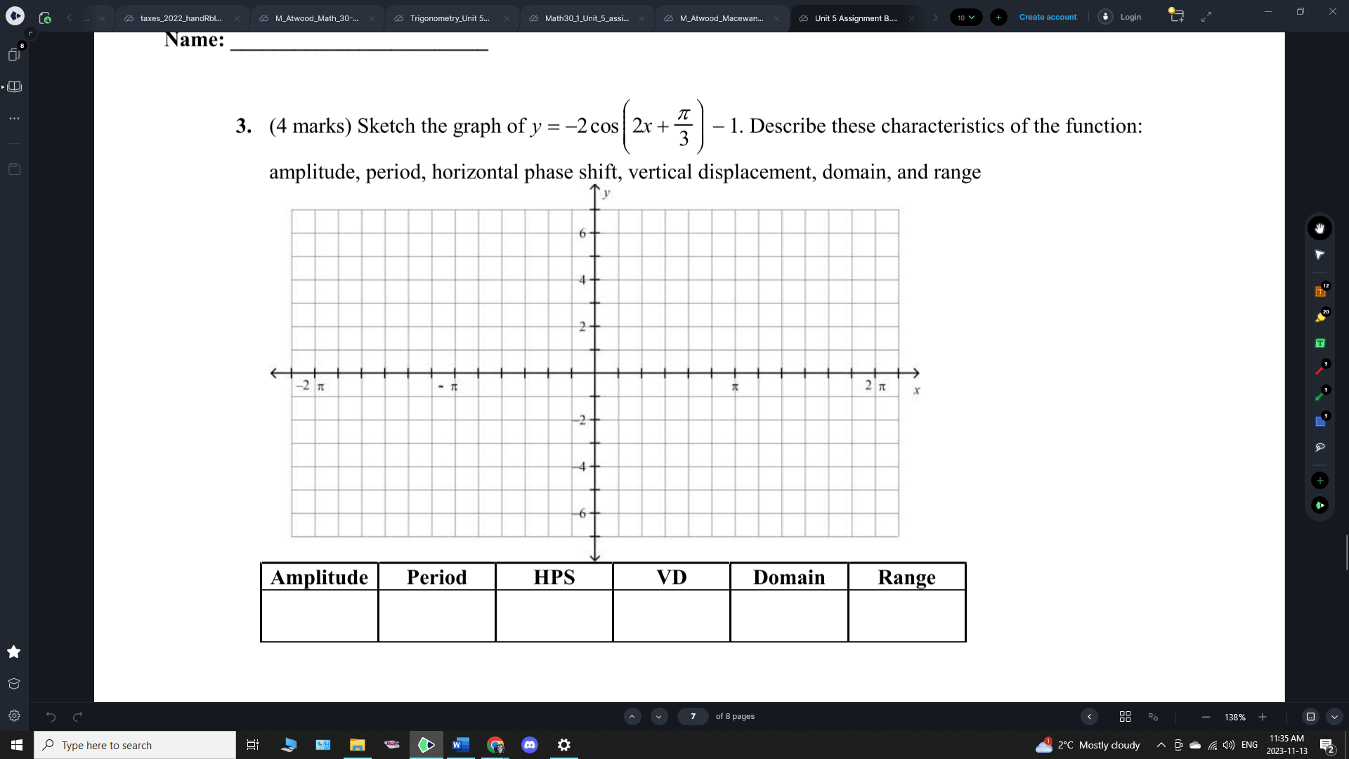 Solved 3. (4 marks) Sketch the graph of y=−2cos(2x+3π)−1. | Chegg.com