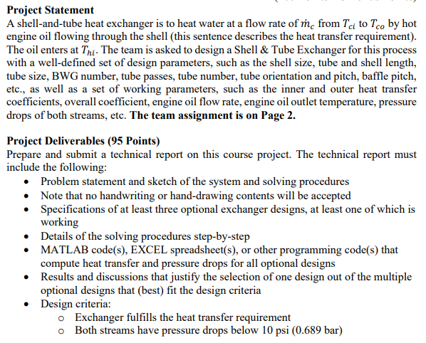 Project Statement A shell-and-tube heat exchanger is | Chegg.com