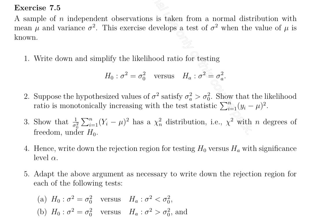 Exercise 7.5 A sample of n independent observations | Chegg.com