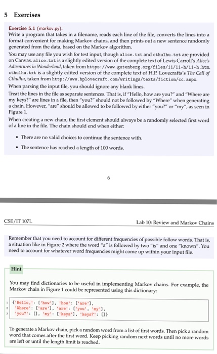 5 Exercises Exercise 5.1 (markov.py). Write a program | Chegg.com