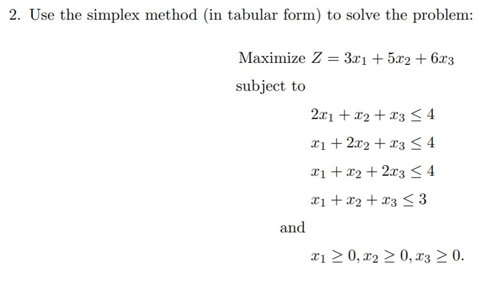 Solved 2. Use the simplex method (in tabular form) to solve | Chegg.com