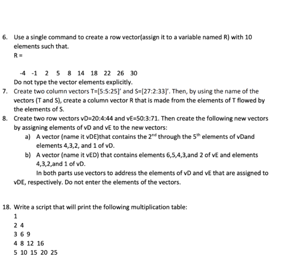 Solved 6 Use A Single Command To Create A Row Vector assign Chegg