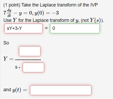 Solved (1 point) Take the Laplace transform of the IVP 7 = | Chegg.com