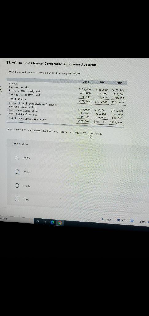 Solved TB MC Qu. 06-37 Hansel Corporation's condensed | Chegg.com