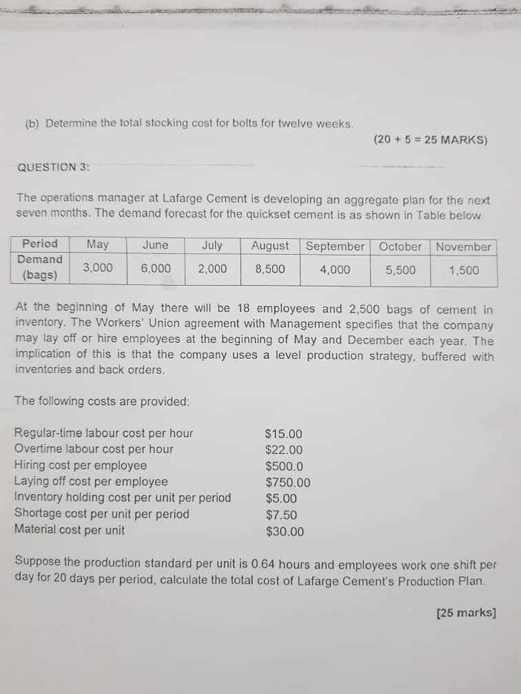 Solved (b) Determine the total stocking cost for bolts for | Chegg.com