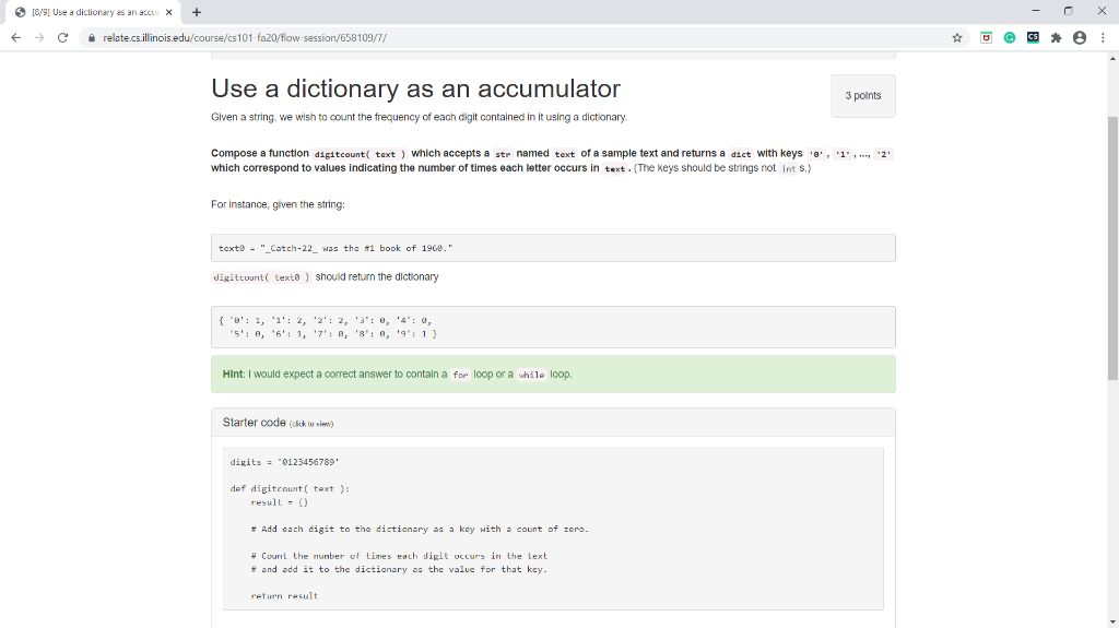 Solved 18/9 Use a dictionary as an accu X + c | Chegg.com