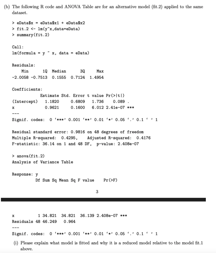 Solved (b) The following R code and ANOVA Table are for an | Chegg.com
