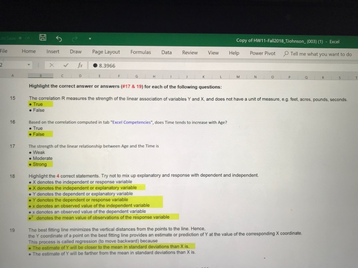 Solved Copy of HW11-Fall2018 TJohnson (003) (1)-Excel File | Chegg.com