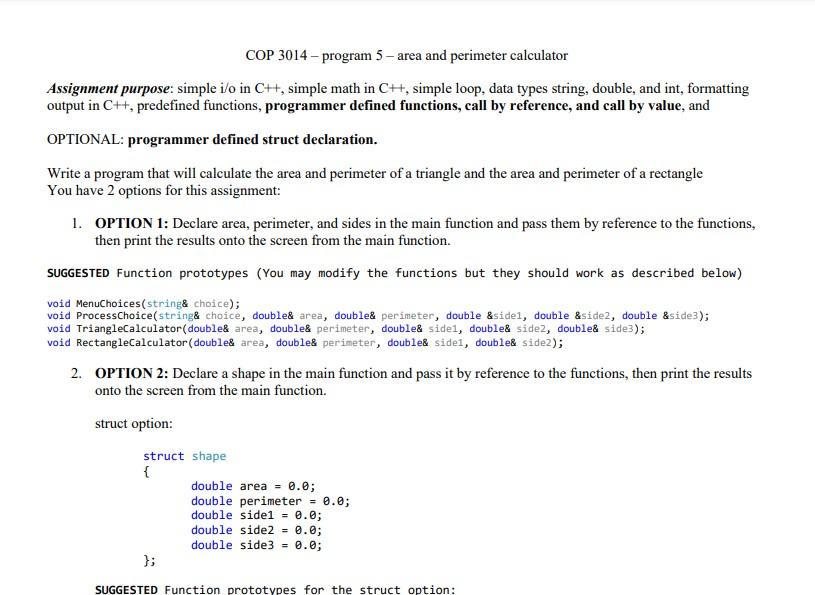 Solved COP 3014 - program 5 - area and perimeter calculator | Chegg.com