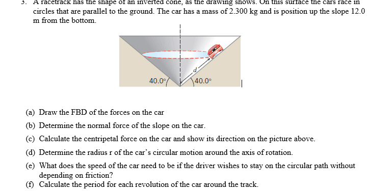 Solved 3. A racetrack has the shape of an inverted cone, as | Chegg.com
