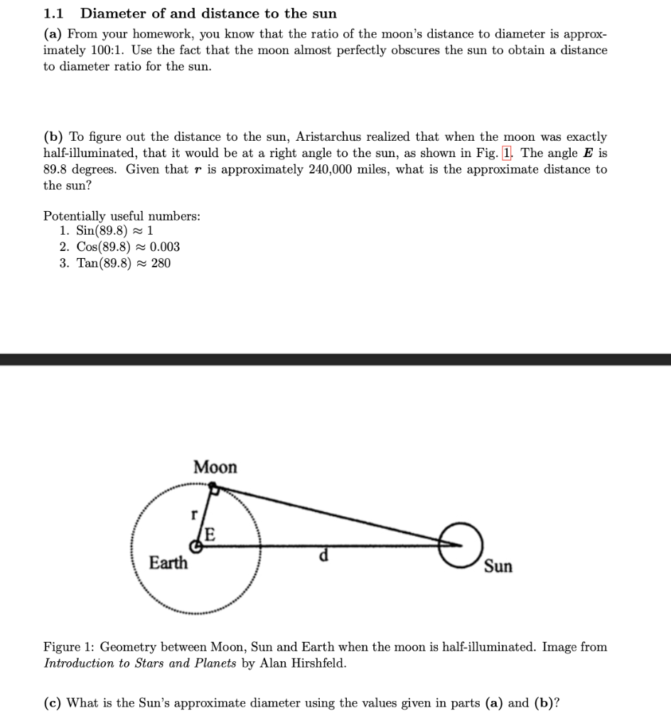 Solved 1.1 Diameter of and distance to the sun (a) From your | Chegg.com