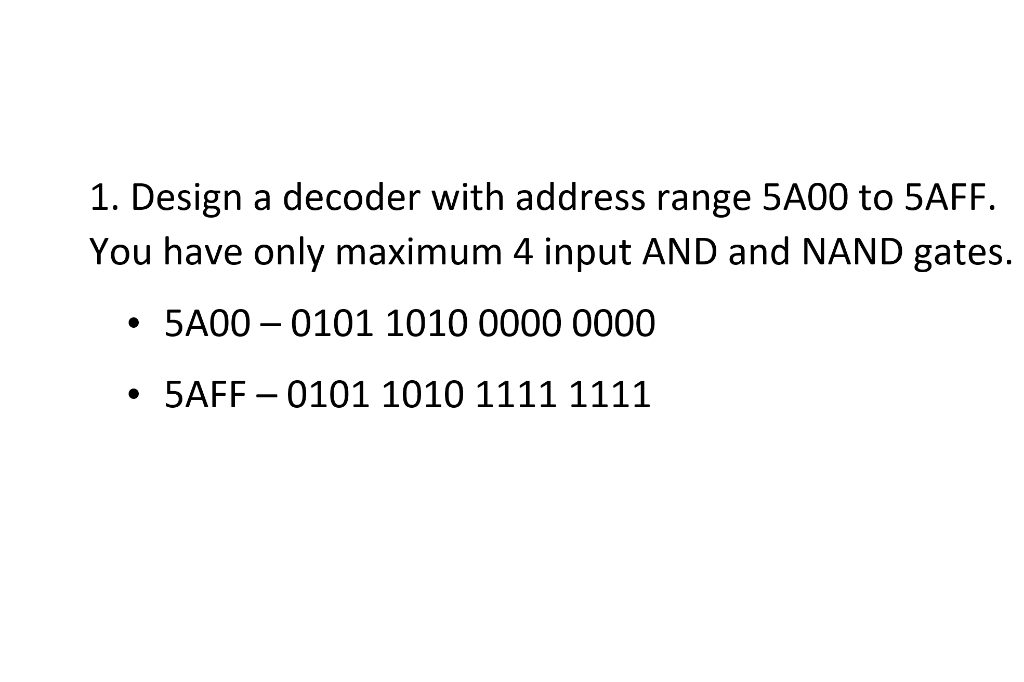 Solved 1. Design a decoder with address range 5A00 to 5AFF. | Chegg.com