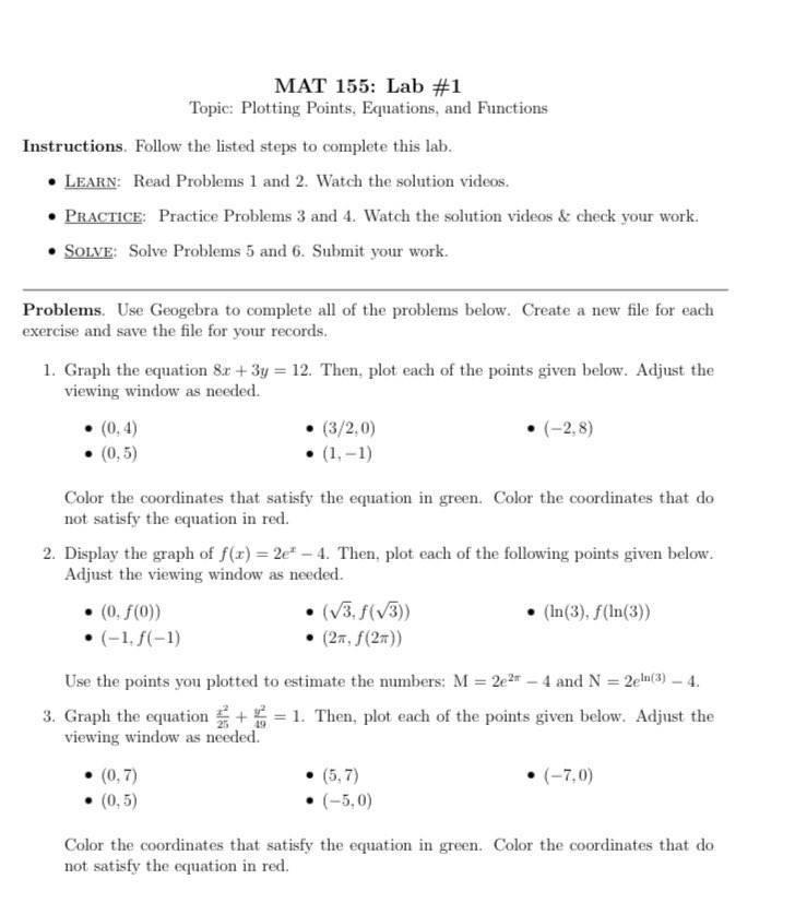 Solved MAT 155: Lab #1 Topic: Plotting Points. Equations, | Chegg.com