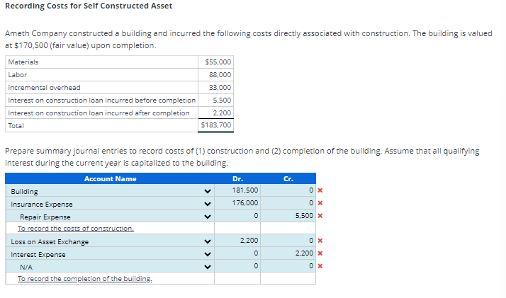 Solved Recording Costs for Self Constructed Asset Ameth | Chegg.com