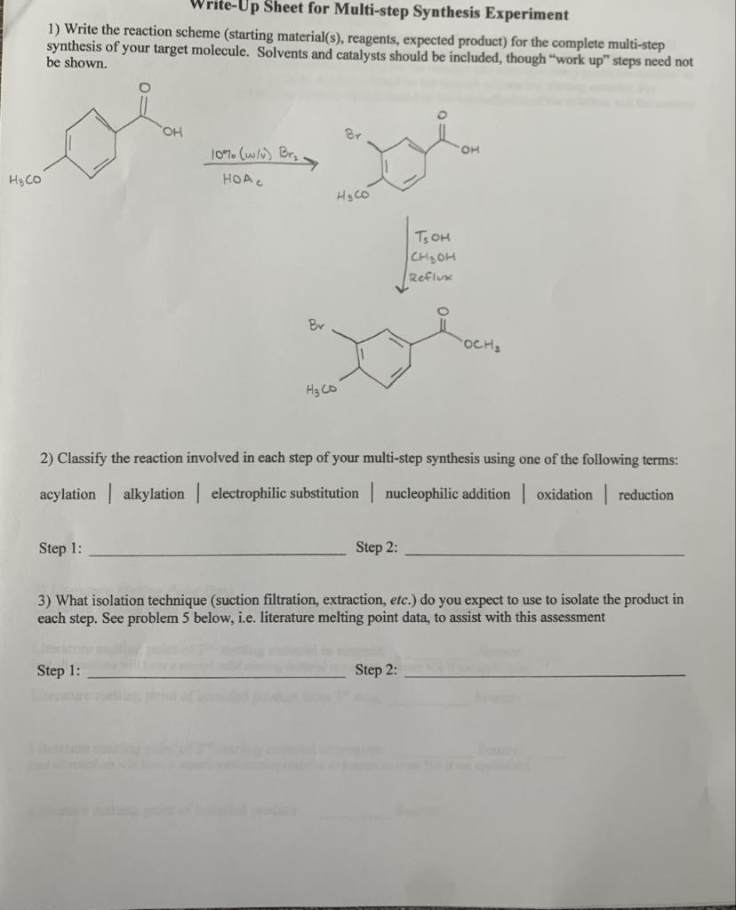 Solved Up Sheet for Multi-step Synthesis Experiment 1) Write | Chegg.com