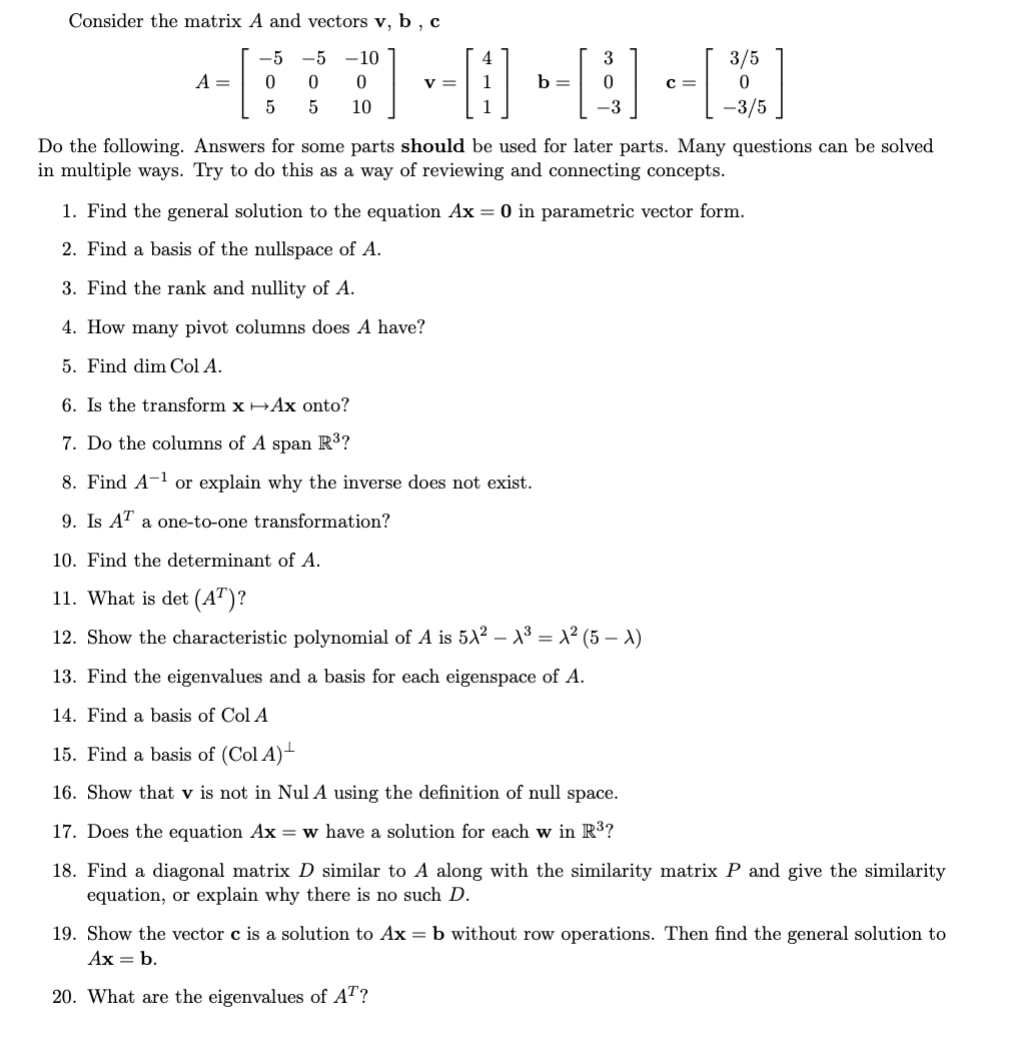 Solved Consider the matrix A and vectors v,b,c | Chegg.com