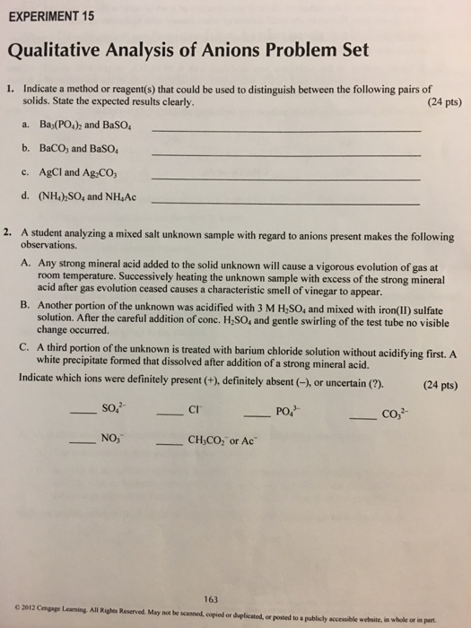 Solved EXPERIMENT 15 Qualitative Analysis of Anions Problem | Chegg.com