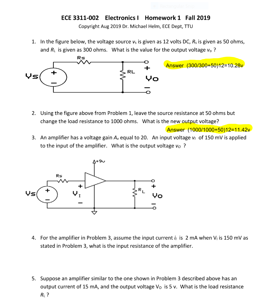 Solved ECE 3311-002 Electronics Homework 1 Fall 2019 | Chegg.com